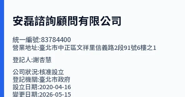 安磊諮詢顧問有限公司的照片-統編 83784400(臺北市) 公司登記資料與營業項目詳細圖表