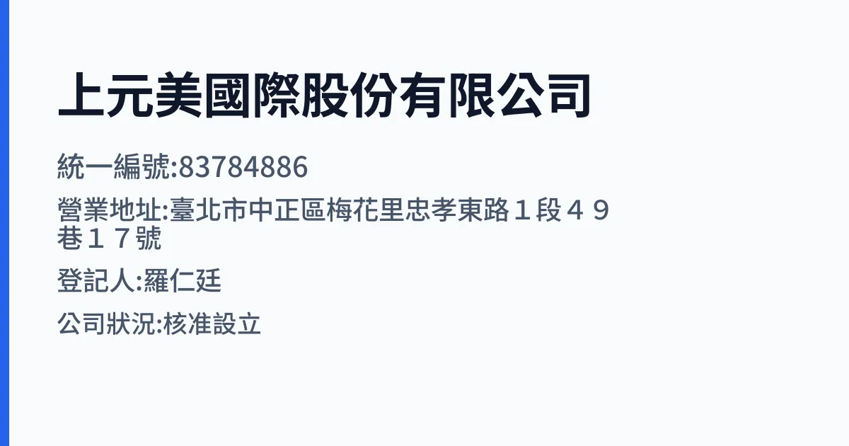 上元美國際股份有限公司 - 統編 83784886(臺北市) 公司登記資料與營業項目詳細圖表