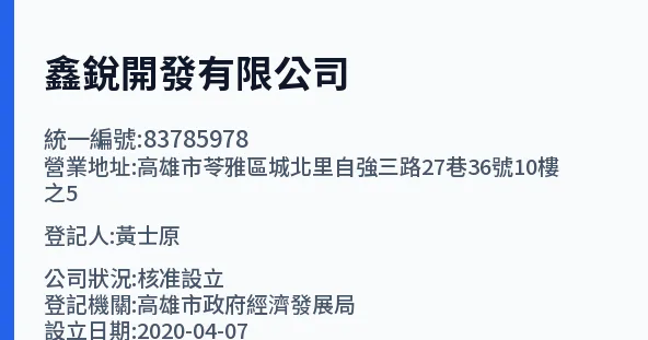 鑫銳開發有限公司的照片-統編 83785978(高雄市) 公司登記資料與營業項目詳細圖表