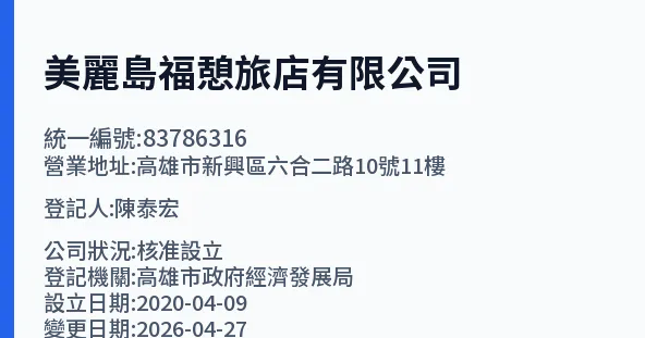 美麗島福憩旅店有限公司的照片-統編 83786316(高雄市) 公司登記資料與營業項目詳細圖表