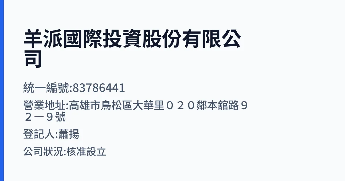羊派國際投資股份有限公司 - 統編 83786441(高雄市) 公司登記資料與營業項目詳細圖表