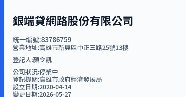 銀端貸網路股份有限公司的照片-統編 83786759(高雄市) 公司登記資料與營業項目詳細圖表