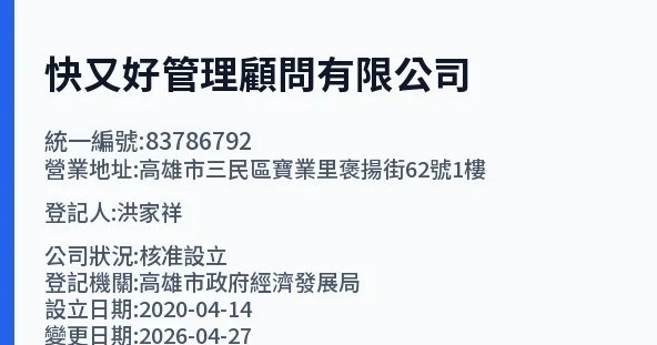 快又好管理顧問有限公司的照片-統編 83786792(高雄市) 公司登記資料與營業項目詳細圖表