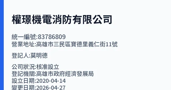 權璟機電消防有限公司的照片-統編 83786809(高雄市) 公司登記資料與營業項目詳細圖表