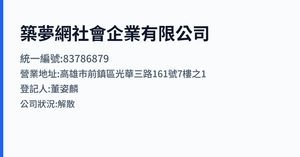 築夢網社會企業有限公司 - 統編 83786879(高雄市) 公司登記資料與營業項目詳細圖表