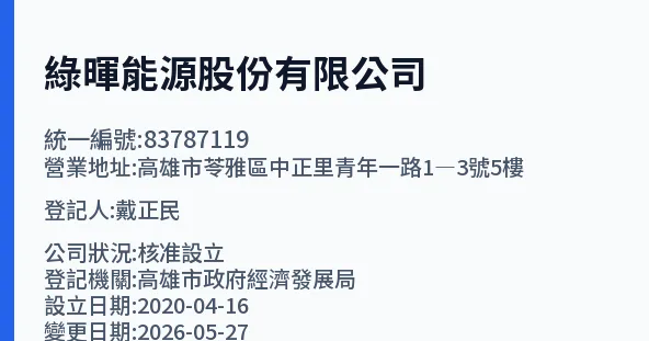 綠暉能源股份有限公司的照片-統編 83787119(高雄市) 公司登記資料與營業項目詳細圖表