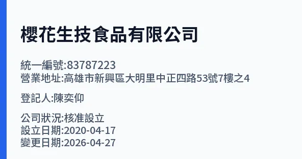 櫻花生技食品有限公司的照片-統編 83787223(高雄市) 公司登記資料與營業項目詳細圖表