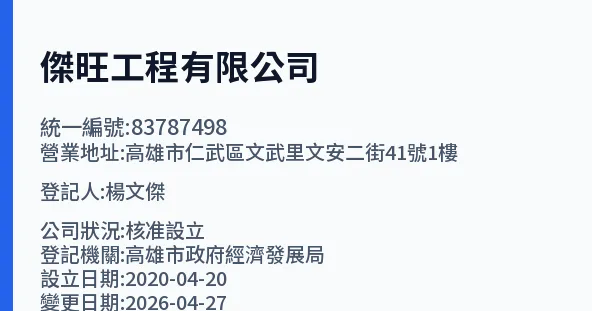 傑旺工程有限公司的照片-統編 83787498(高雄市) 公司登記資料與營業項目詳細圖表