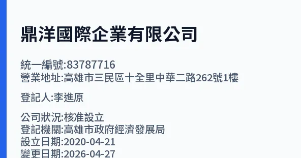 鼎洋國際企業有限公司的照片-統編 83787716(高雄市) 公司登記資料與營業項目詳細圖表