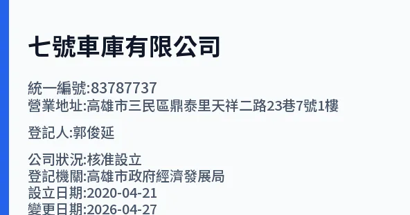 七號車庫有限公司的照片-統編 83787737(高雄市) 公司登記資料與營業項目詳細圖表