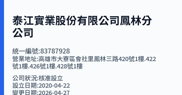 泰江實業股份有限公司鳳林分公司的照片-統編 83787928(高雄市) 公司登記資料與營業項目詳細圖表