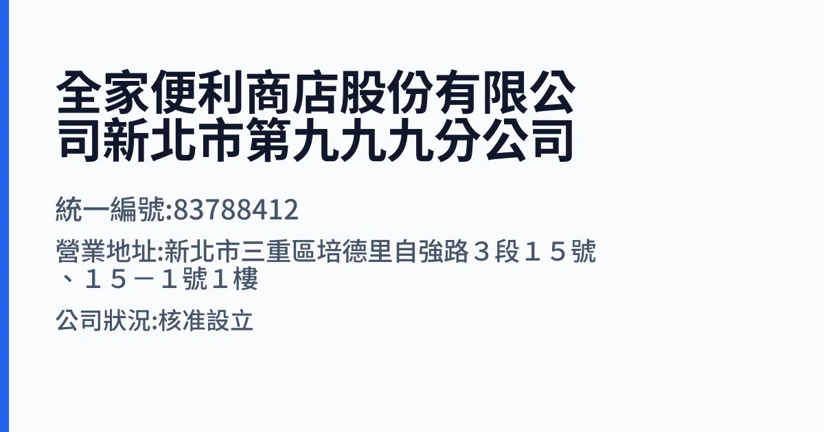 全家便利商店股份有限公司新北市第九九九分公司 - 統編 83788412(新北市) 公司登記資料與營業項目詳細圖表