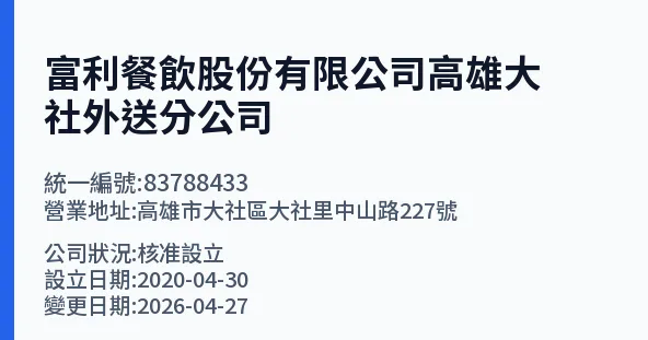 富利餐飲股份有限公司高雄大社外送分公司的照片-統編 83788433(高雄市) 公司登記資料與營業項目詳細圖表