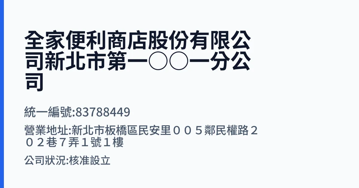 全家便利商店股份有限公司新北市第一○○一分公司 - 統編 83788449(新北市) 公司登記資料與營業項目詳細圖表