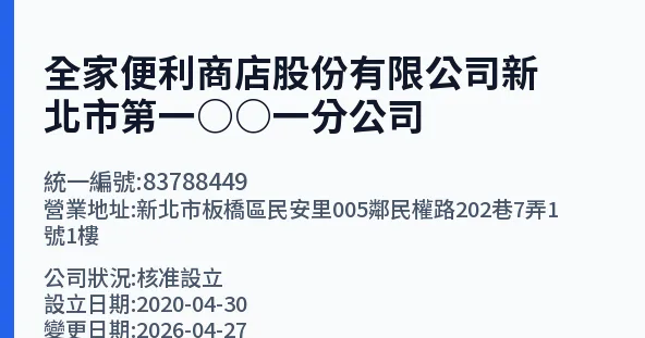 全家便利商店股份有限公司新北市第一○○一分公司的照片-統編 83788449(新北市) 公司登記資料與營業項目詳細圖表