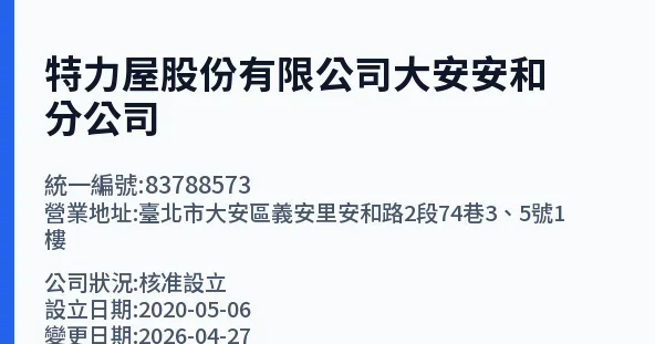 特力屋股份有限公司大安安和分公司的照片-統編 83788573(臺北市) 公司登記資料與營業項目詳細圖表