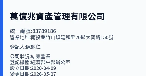 萬億兆資產管理有限公司的照片-統編 83789186(南投縣) 公司登記資料與營業項目詳細圖表