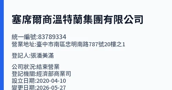 塞席爾商溫特蘭集團有限公司的照片-統編 83789334(臺中市) 公司登記資料與營業項目詳細圖表