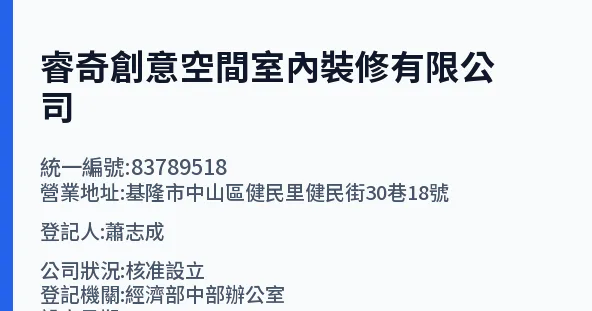 睿奇創意空間室內裝修有限公司的照片-統編 83789518(基隆市) 公司登記資料與營業項目詳細圖表