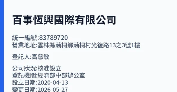 百事恆興國際有限公司的照片-統編 83789720(雲林縣) 公司登記資料與營業項目詳細圖表