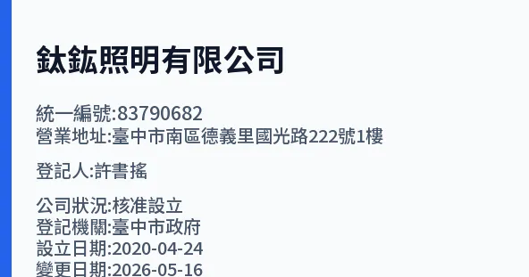 鈦鈜照明有限公司的照片-統編 83790682(臺中市) 公司登記資料與營業項目詳細圖表