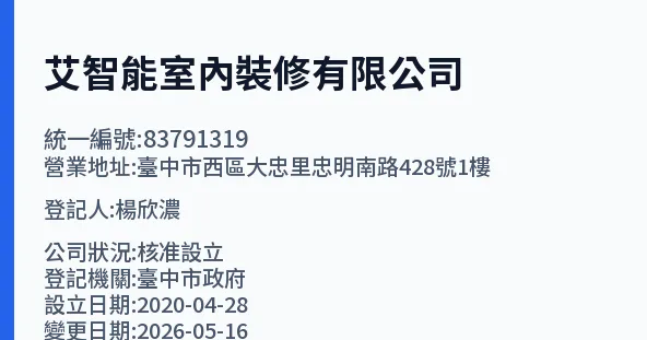 艾智能室內裝修有限公司的照片-統編 83791319(臺中市) 公司登記資料與營業項目詳細圖表