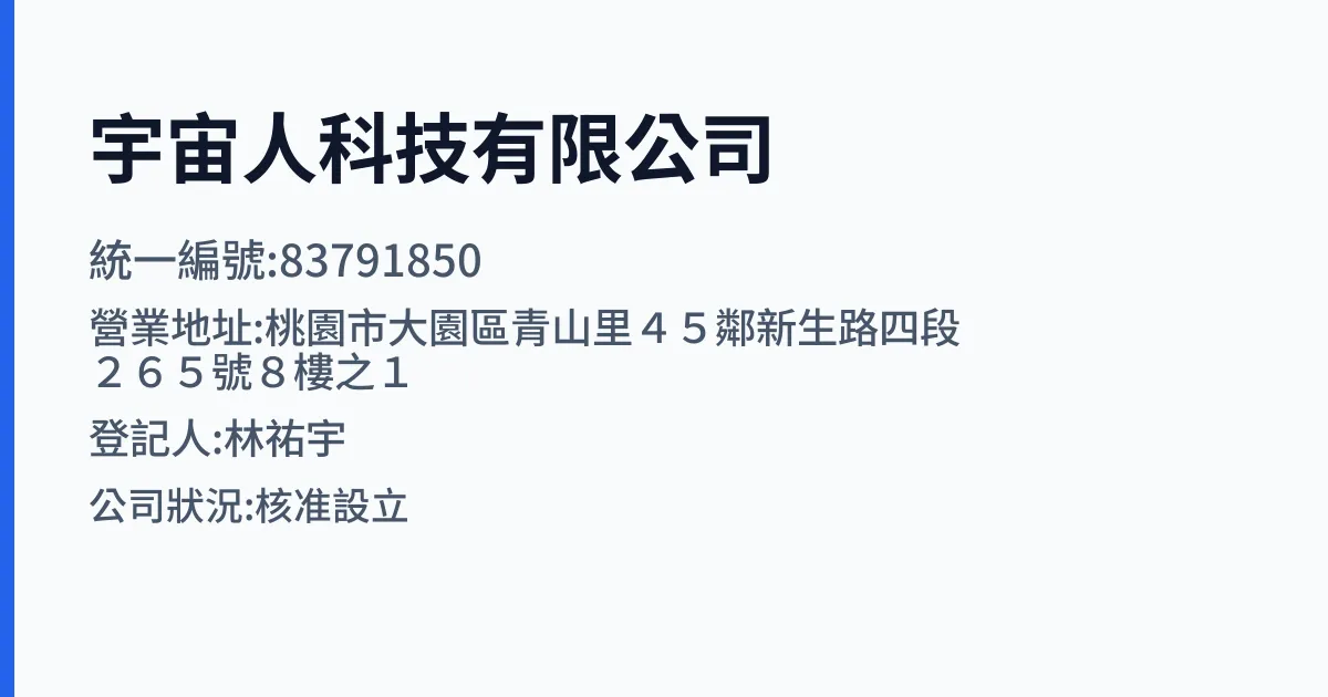 宇宙人科技有限公司 - 統編 83791850(桃園市) 公司登記資料與營業項目詳細圖表