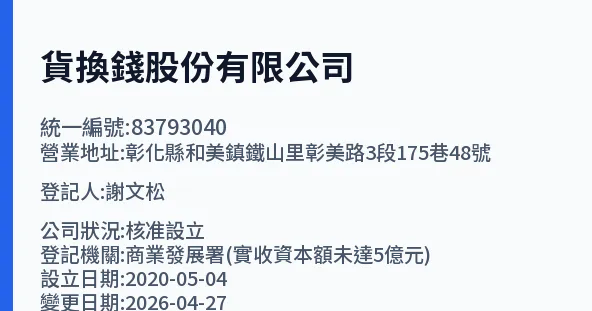 貨換錢股份有限公司的照片-統編 83793040(彰化縣) 公司登記資料與營業項目詳細圖表