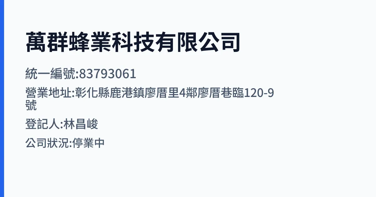 萬群蜂業科技有限公司 - 統編 83793061(彰化縣) 公司登記資料與營業項目詳細圖表