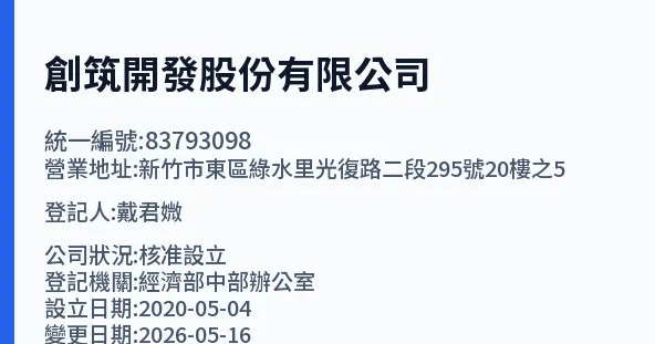 創筑開發股份有限公司的照片-統編 83793098(新竹市) 公司登記資料與營業項目詳細圖表