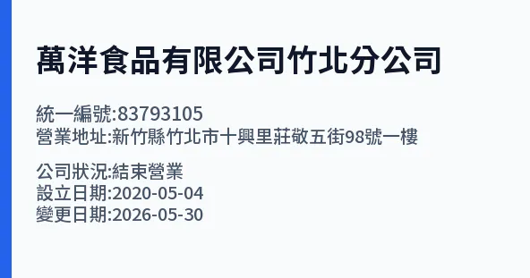 萬洋食品有限公司竹北分公司的照片-統編 83793105(新竹縣) 公司登記資料與營業項目詳細圖表