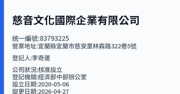 慈音文化國際企業有限公司的照片-統編 83793225(宜蘭縣) 公司登記資料與營業項目詳細圖表
