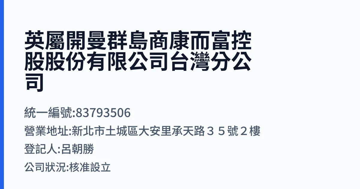 英屬開曼群島商康而富控股股份有限公司台灣分公司 - 統編 83793506(新北市) 公司登記資料與營業項目詳細圖表