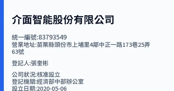 介面智能股份有限公司的照片-統編 83793549(苗栗縣) 公司登記資料與營業項目詳細圖表