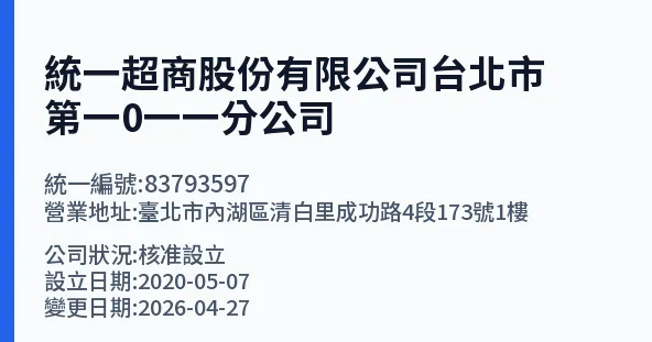 統一超商股份有限公司台北市第一0一一分公司的照片-統編 83793597(臺北市) 公司登記資料與營業項目詳細圖表