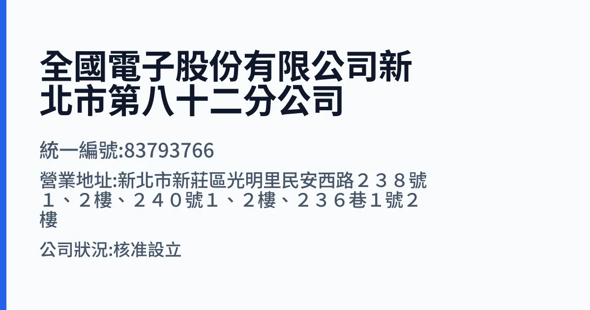 全國電子股份有限公司新北市第八十二分公司 - 統編 83793766(新北市) 公司登記資料與營業項目詳細圖表