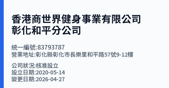 香港商世界健身事業有限公司彰化和平分公司的照片-統編 83793787(彰化縣) 公司登記資料與營業項目詳細圖表