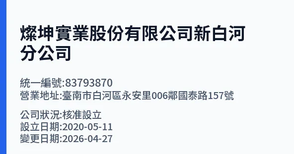 燦坤實業股份有限公司新白河分公司的照片-統編 83793870(臺南市) 公司登記資料與營業項目詳細圖表