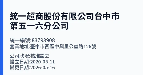 統一超商股份有限公司台中市第五一六分公司的照片-統編 83793908(臺中市) 公司登記資料與營業項目詳細圖表