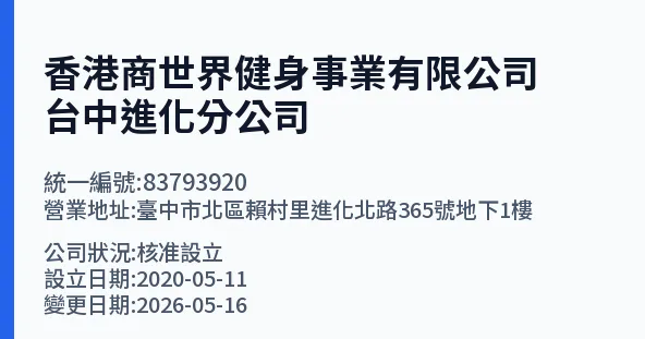 香港商世界健身事業有限公司台中進化分公司的照片-統編 83793920(臺中市) 公司登記資料與營業項目詳細圖表