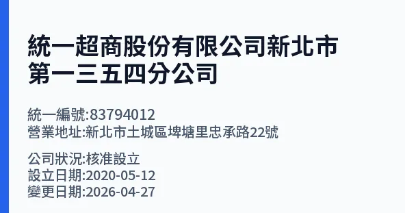 統一超商股份有限公司新北市第一三五四分公司的照片-統編 83794012(新北市) 公司登記資料與營業項目詳細圖表