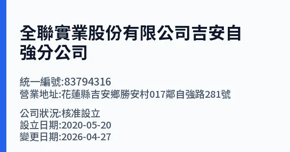 全聯實業股份有限公司吉安自強分公司的照片-統編 83794316(花蓮縣) 公司登記資料與營業項目詳細圖表