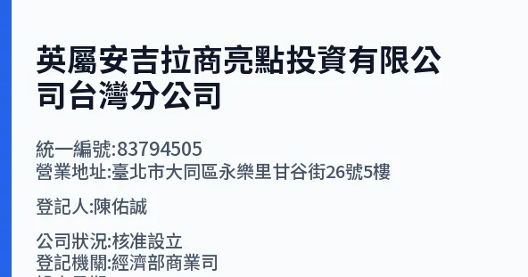 英屬安吉拉商亮點投資有限公司台灣分公司的照片-統編 83794505(臺北市) 公司登記資料與營業項目詳細圖表
