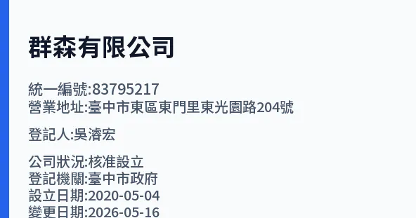 群森有限公司的照片-統編 83795217(臺中市) 公司登記資料與營業項目詳細圖表