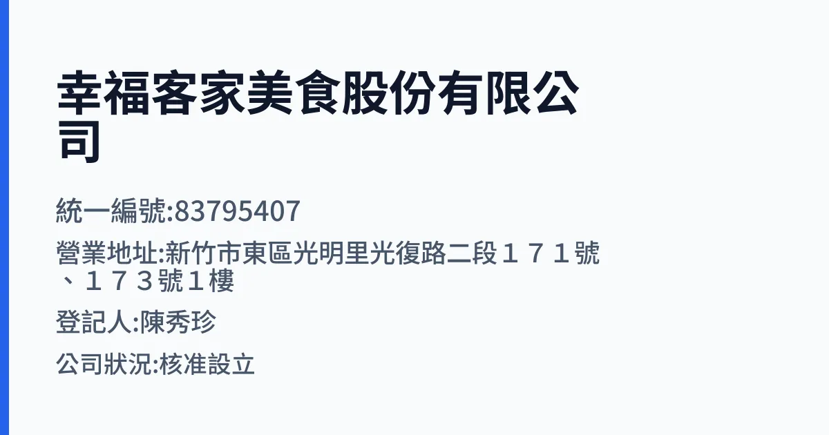 幸福客家美食股份有限公司 - 統編 83795407(新竹市) 公司登記資料與營業項目詳細圖表