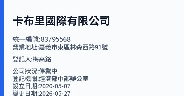 卡布里國際有限公司的照片-統編 83795568(嘉義市) 公司登記資料與營業項目詳細圖表