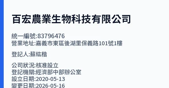 百宏農業生物科技有限公司的照片-統編 83796476(嘉義市) 公司登記資料與營業項目詳細圖表
