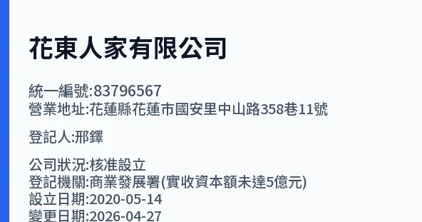花東人家有限公司的照片-統編 83796567(花蓮縣) 公司登記資料與營業項目詳細圖表