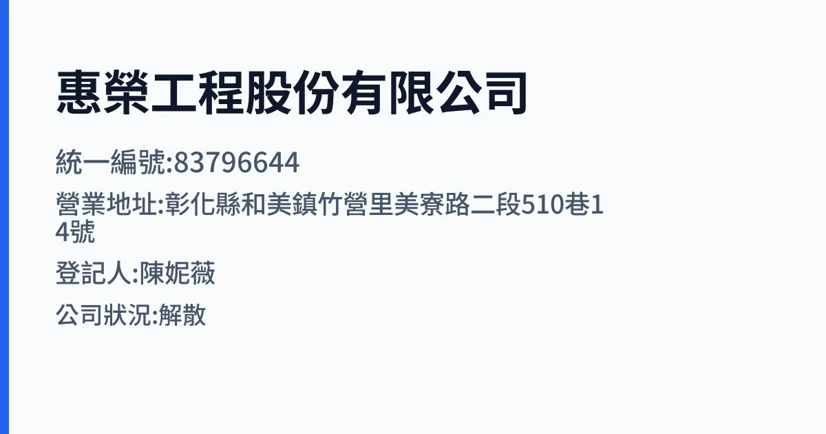 惠榮工程股份有限公司 - 統編 83796644(彰化縣) 公司登記資料與營業項目詳細圖表