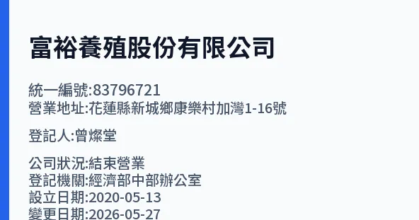 富裕養殖股份有限公司的照片-統編 83796721(花蓮縣) 公司登記資料與營業項目詳細圖表